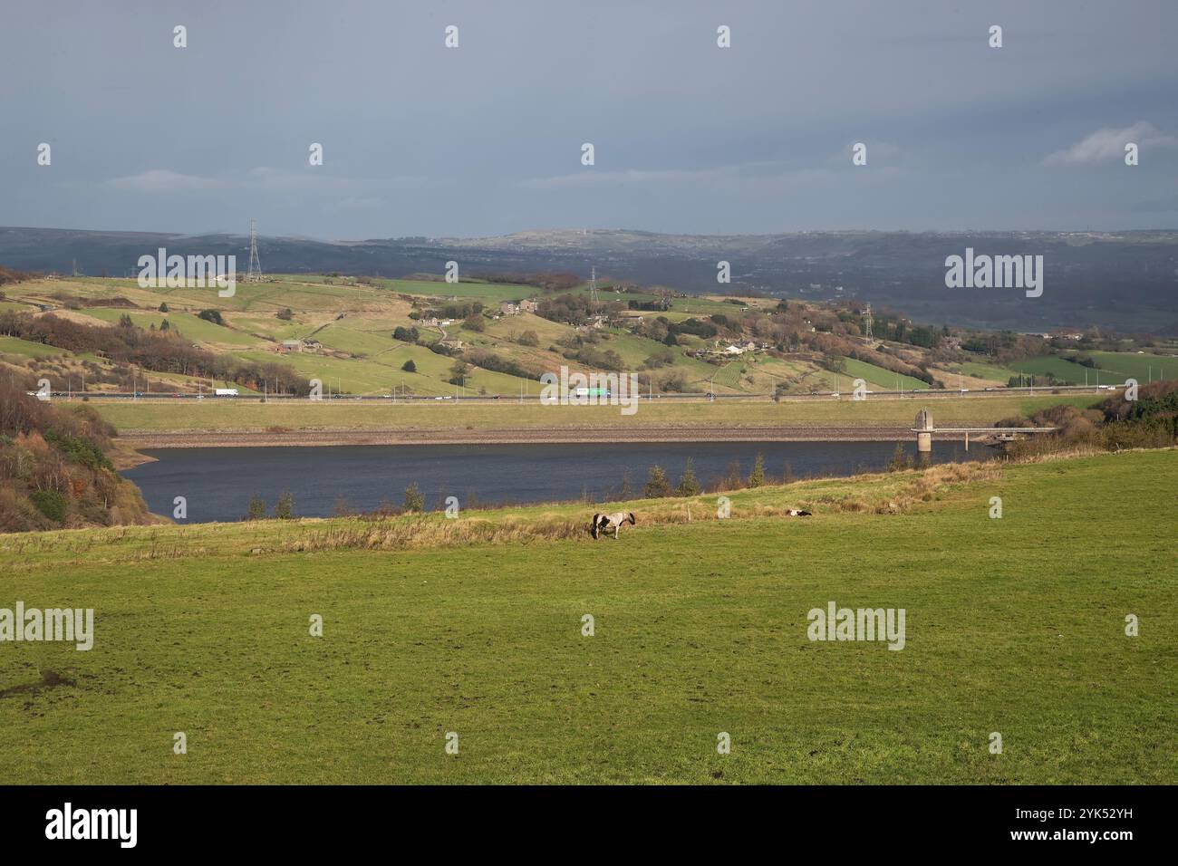 A elevated view of Scammonden Reservoir in West Yorkshire with a ...