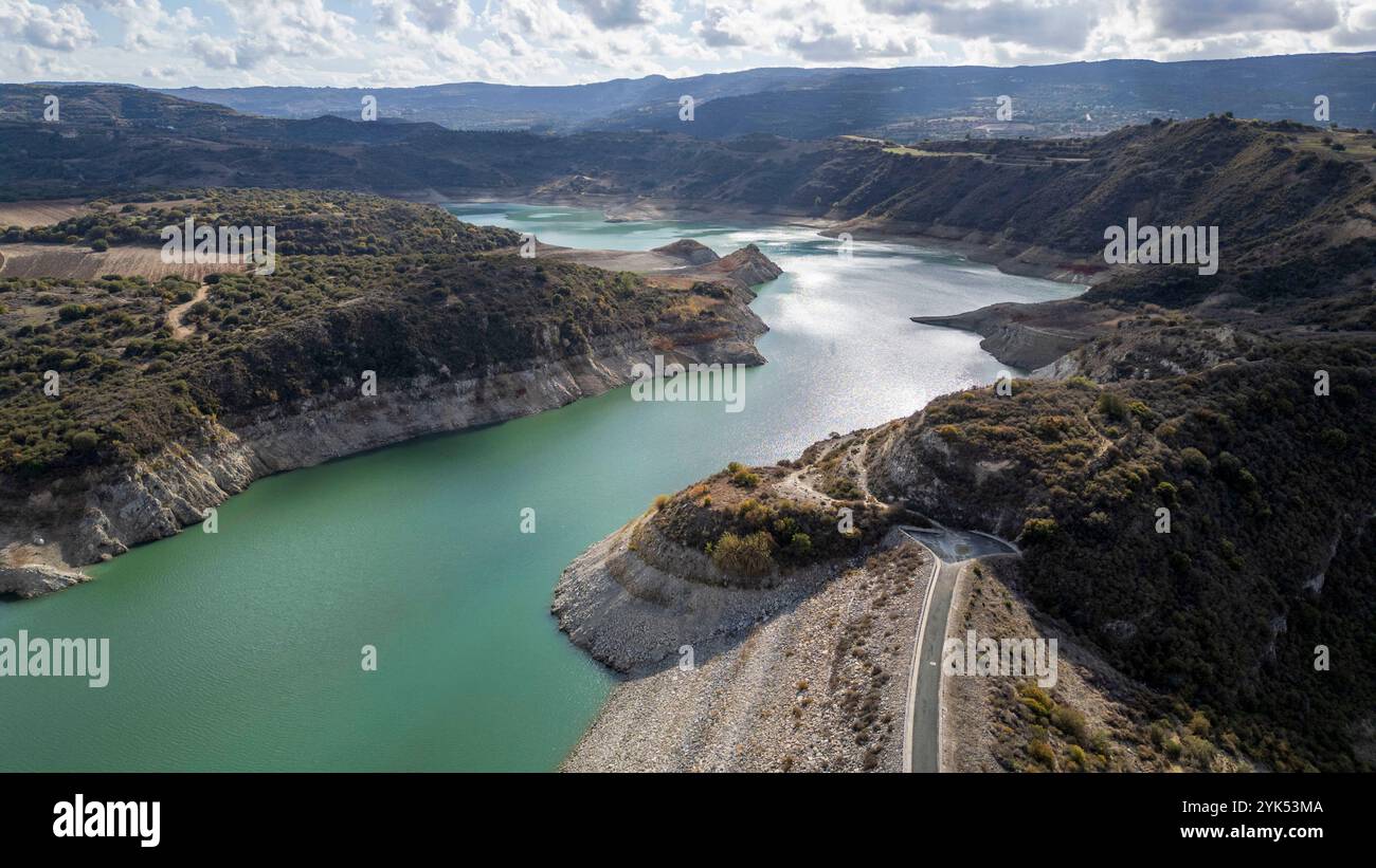 Aerial view of the Evretou Dam and Evretou reservoir at a very low ...