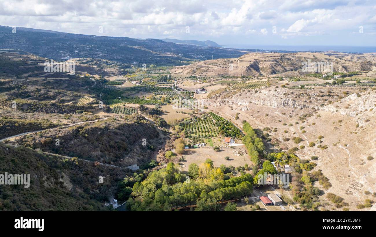 Aerial drone view of the Chrysochous Valley below the Evretou Dam ...