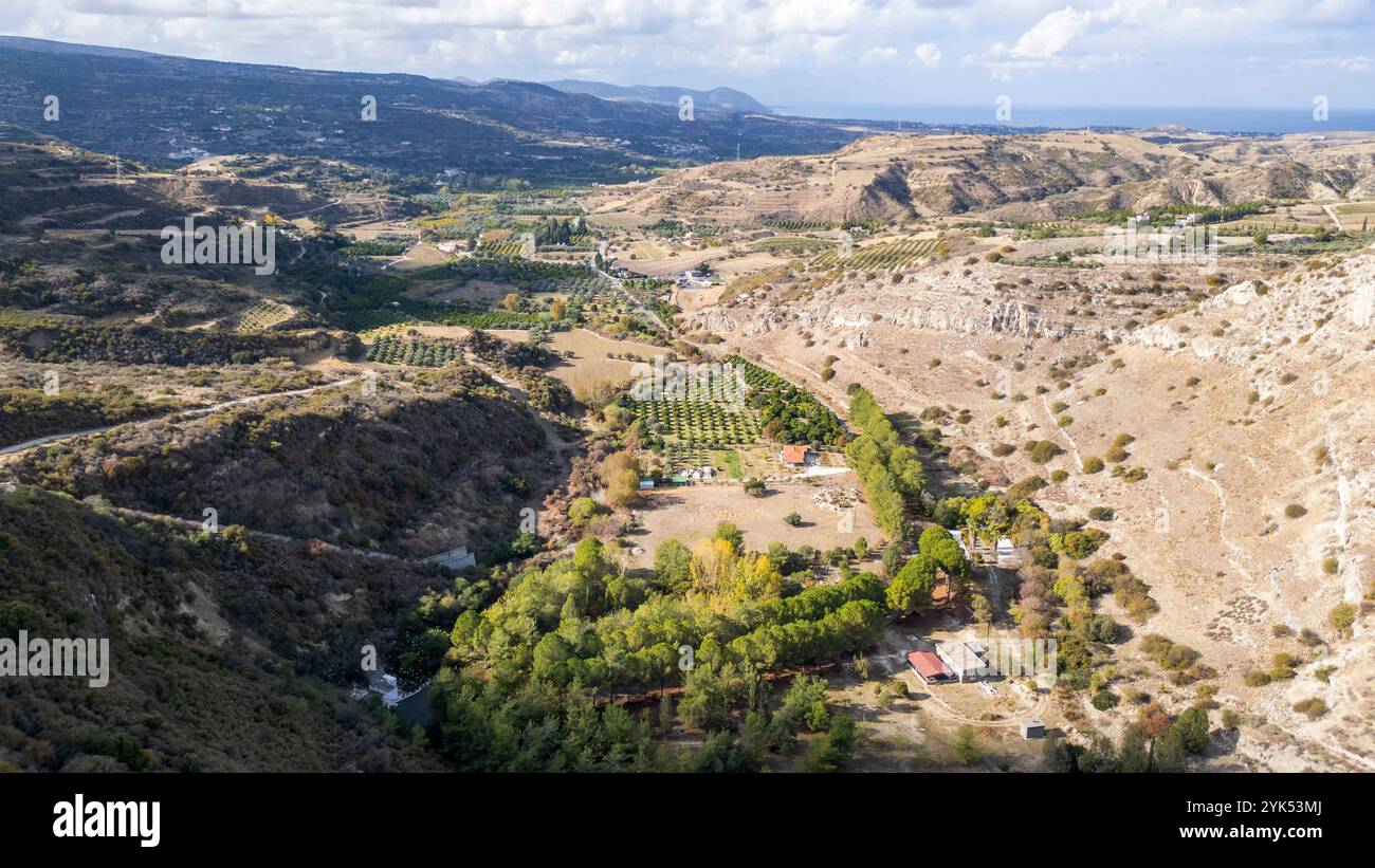 Aerial drone view of the Chrysochous Valley below the Evretou Dam ...