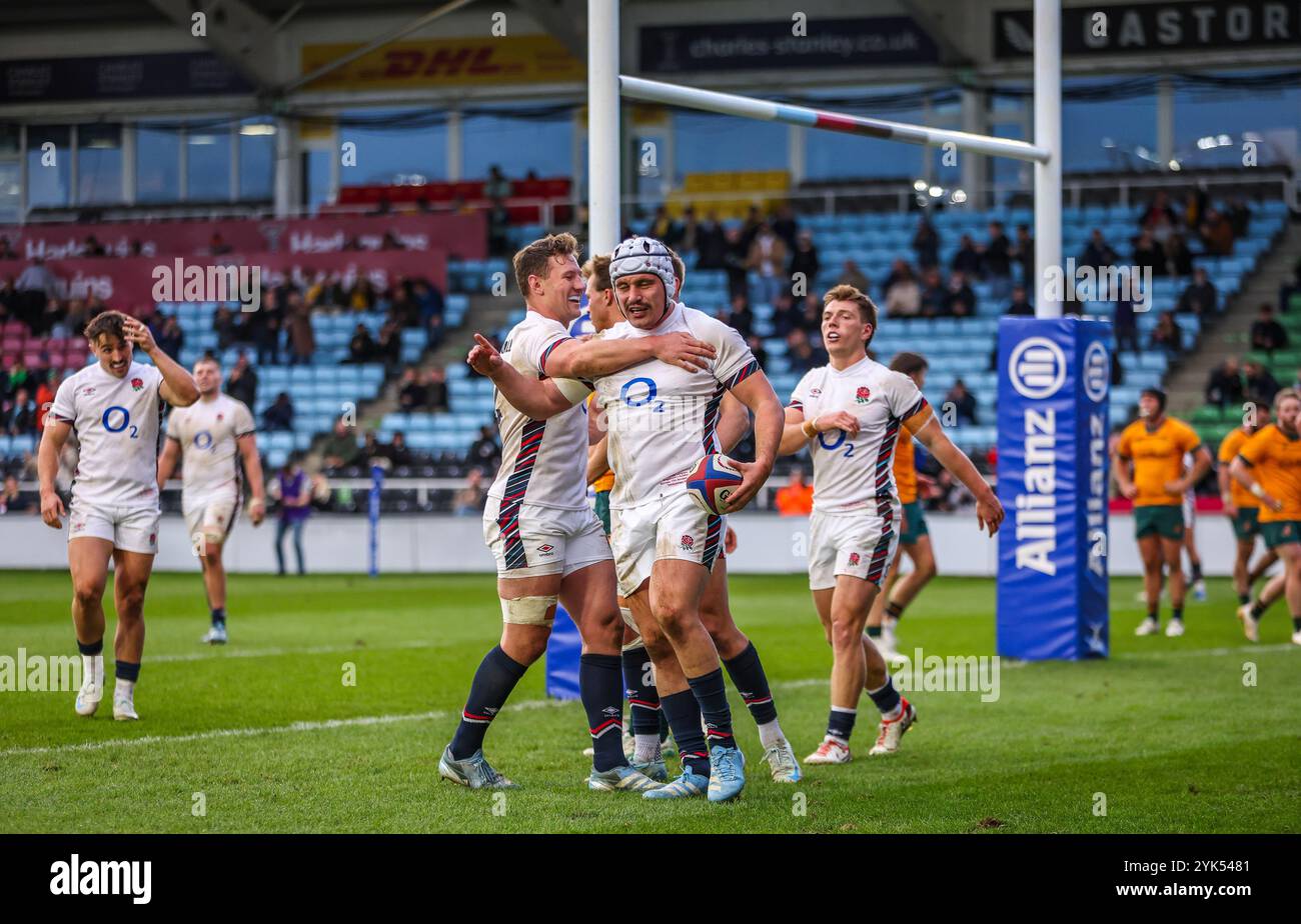 England A's Curtis Langdon scoring a try during the international ...