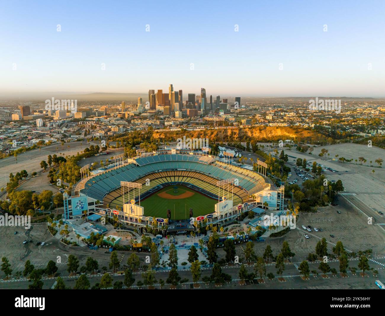 Dodgers Stadium with the skyline of downtown Los Angeles at dawn ...