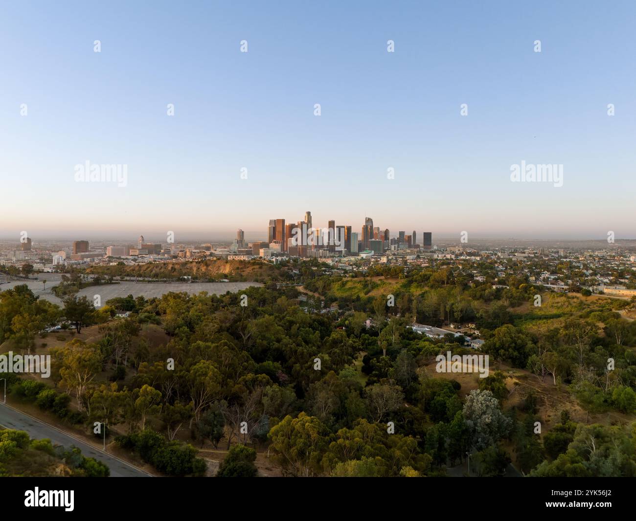 Sunrise over downtown Los Angeles, California, aerial view from Elysian ...