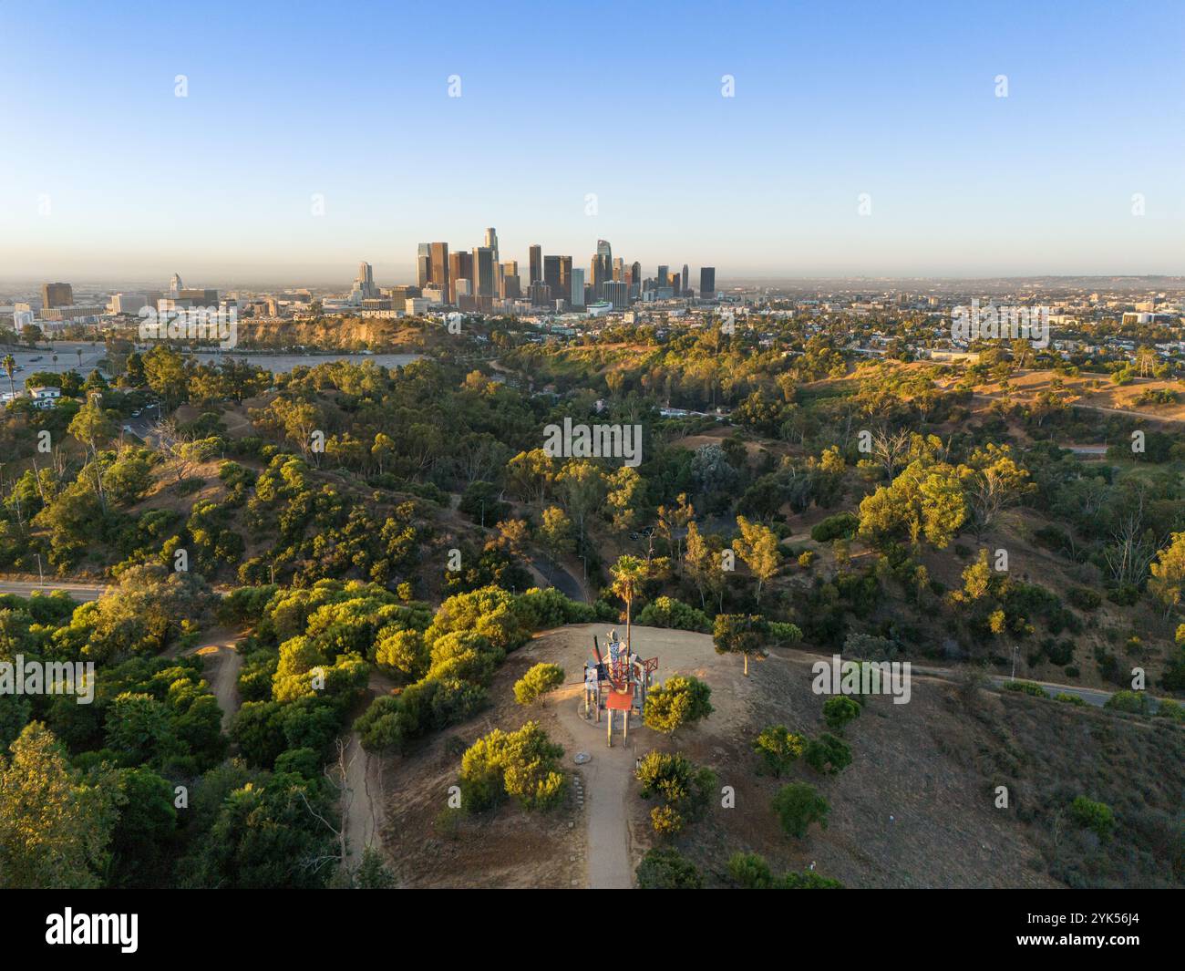 Sunrise over downtown Los Angeles, California, aerial view from Elysian ...