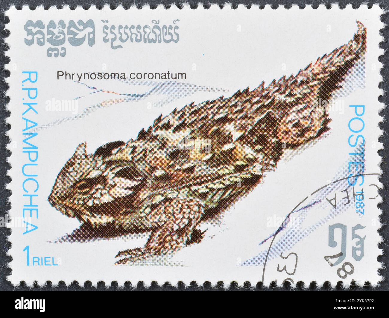 Cancelled postage stamp printed by Cambodia, that shows Blainville ...