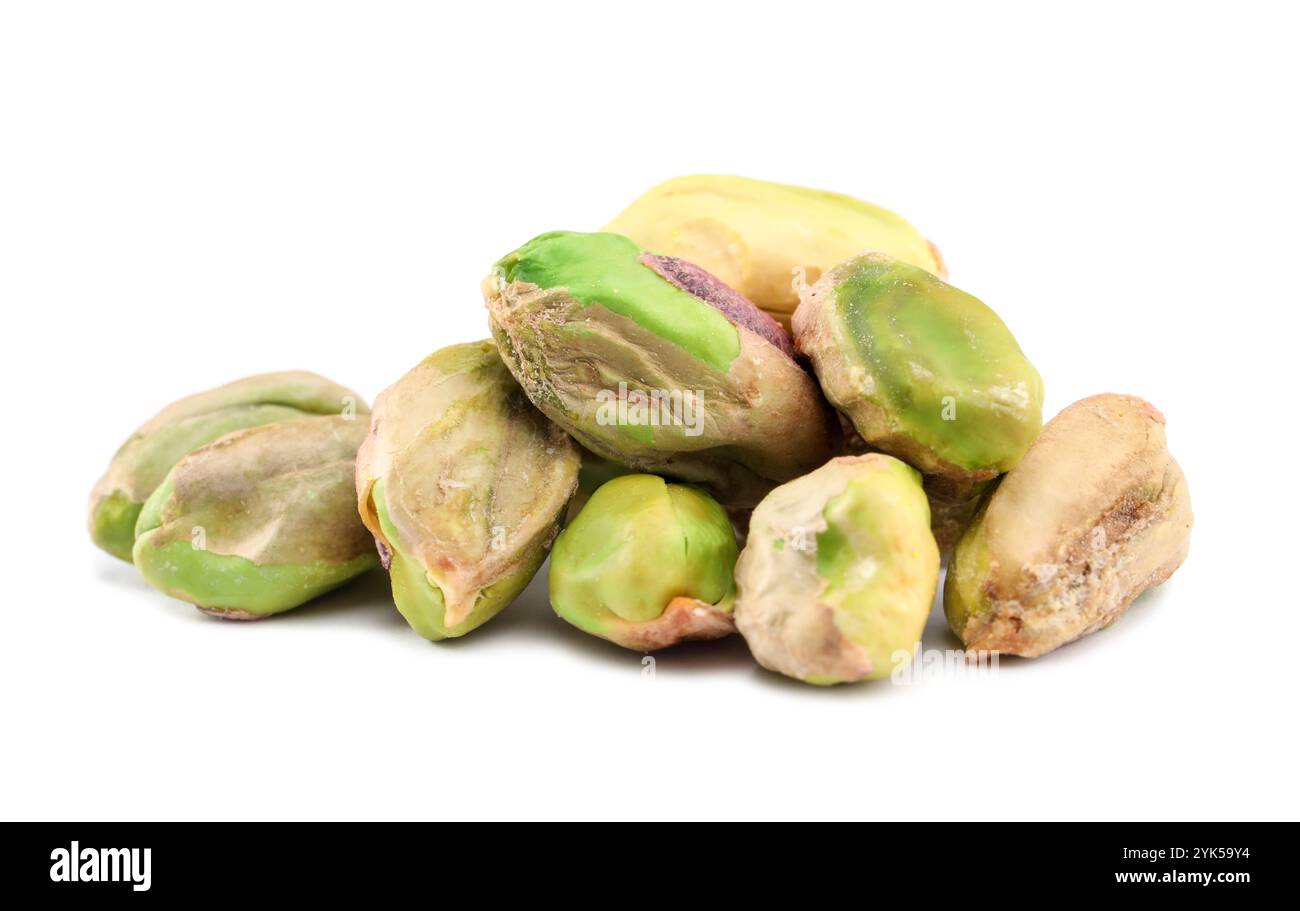 Tasty peeled pistachio nuts isolated on white Stock Photo - Alamy