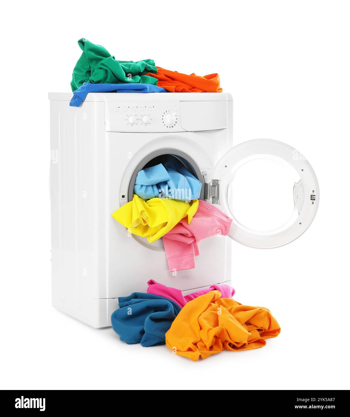 Modern washing machine with colorful laundry isolated on white Stock ...