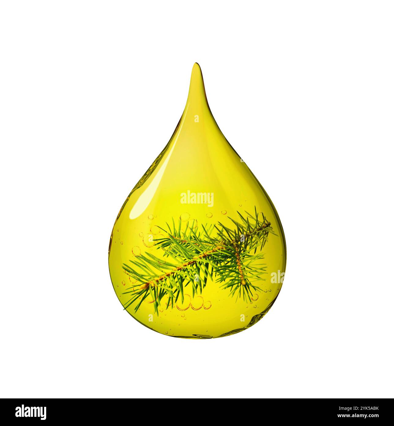 Conifer essential oil drop with fir tree branch inside on white ...