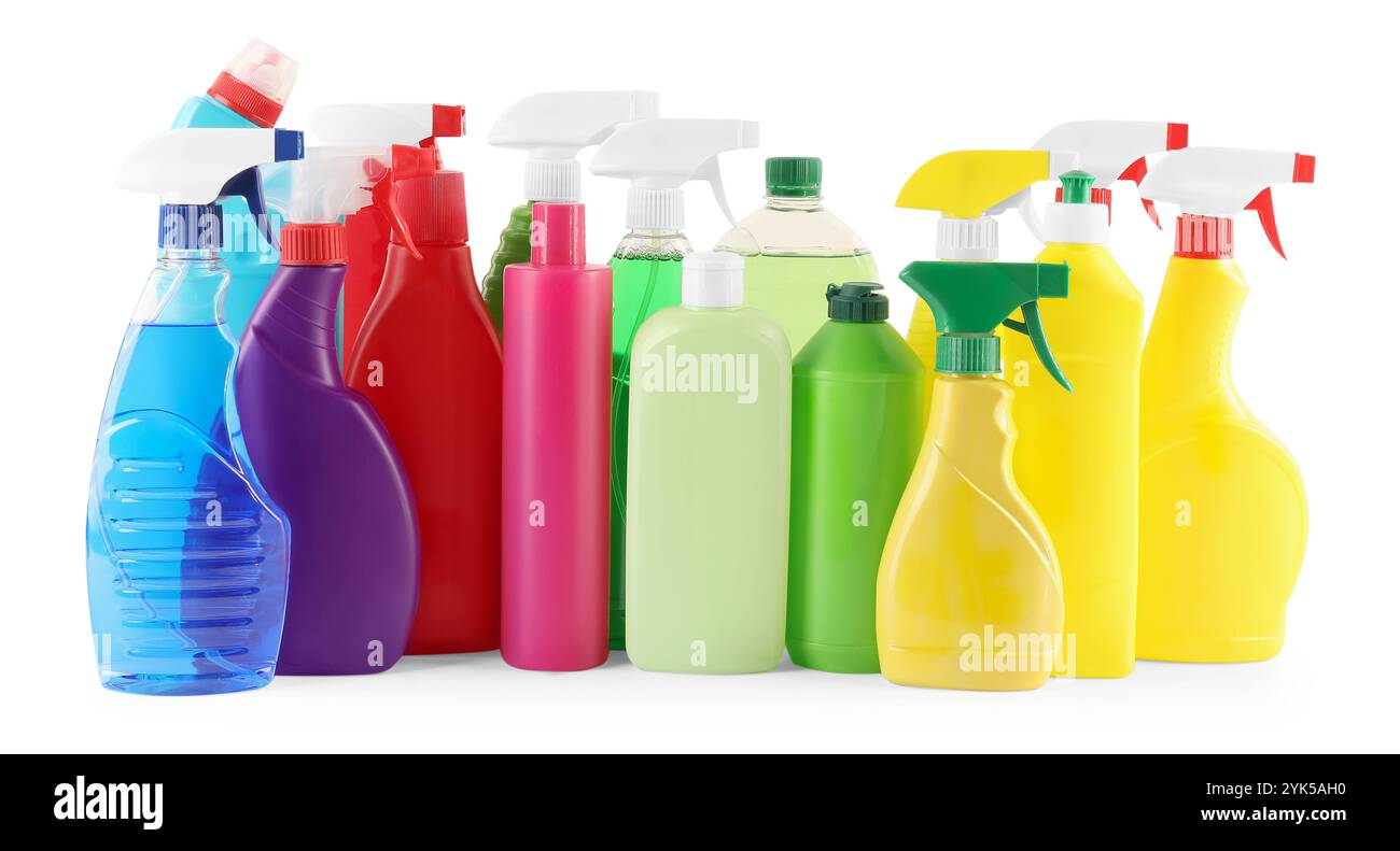Set of different cleaning products isolated on white Stock Photo - Alamy