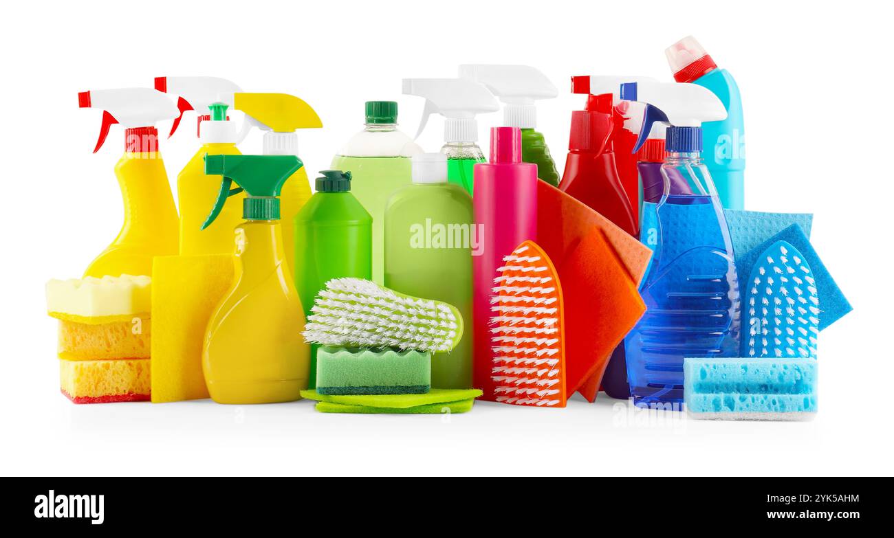 Set of different cleaning products isolated on white Stock Photo - Alamy