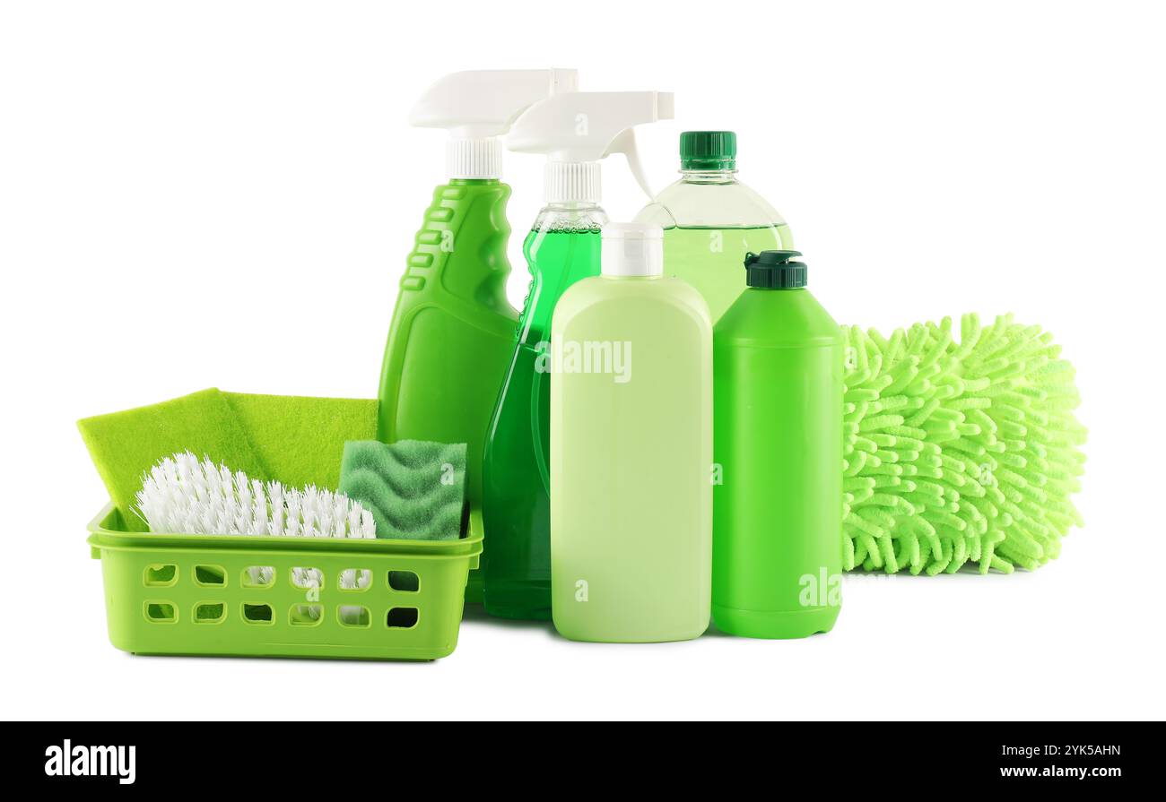 Set of different cleaning products isolated on white Stock Photo - Alamy