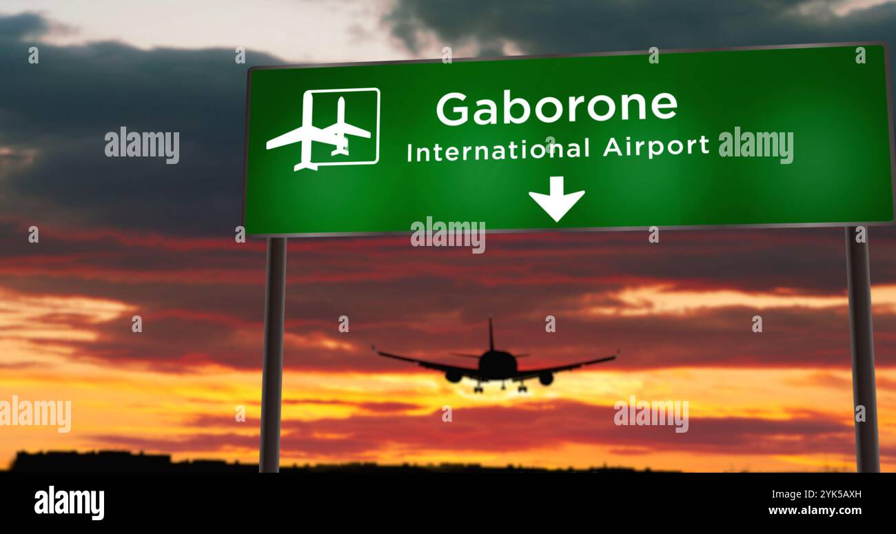 Airplane silhouette landing in Gaborone, Botswana. City arrival with ...