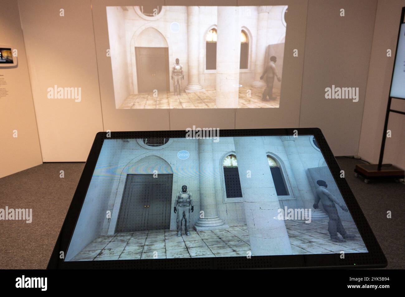 Videos and VR (Virtual Reality) at an exhibition about ISIS prisons, by ...