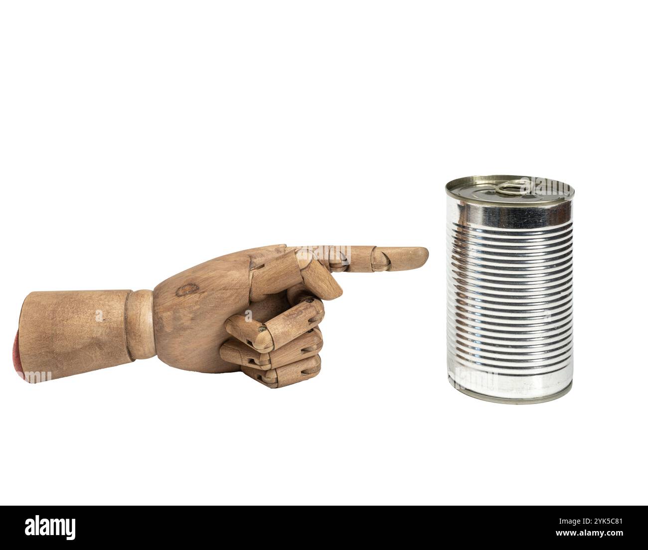 a wooden hand points to a jar of food on a white background Stock Photo ...