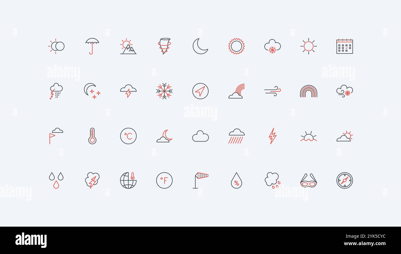 Weather forecast and climate change, meteorology line icon set. Summer ...