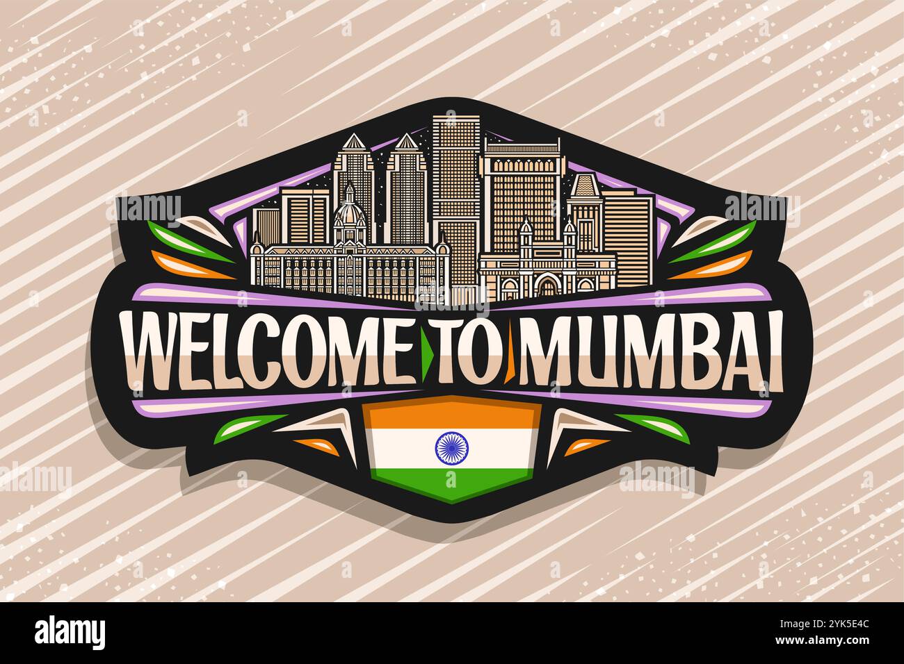 Vector logo for Mumbai, black decorative tag with line illustration of ...