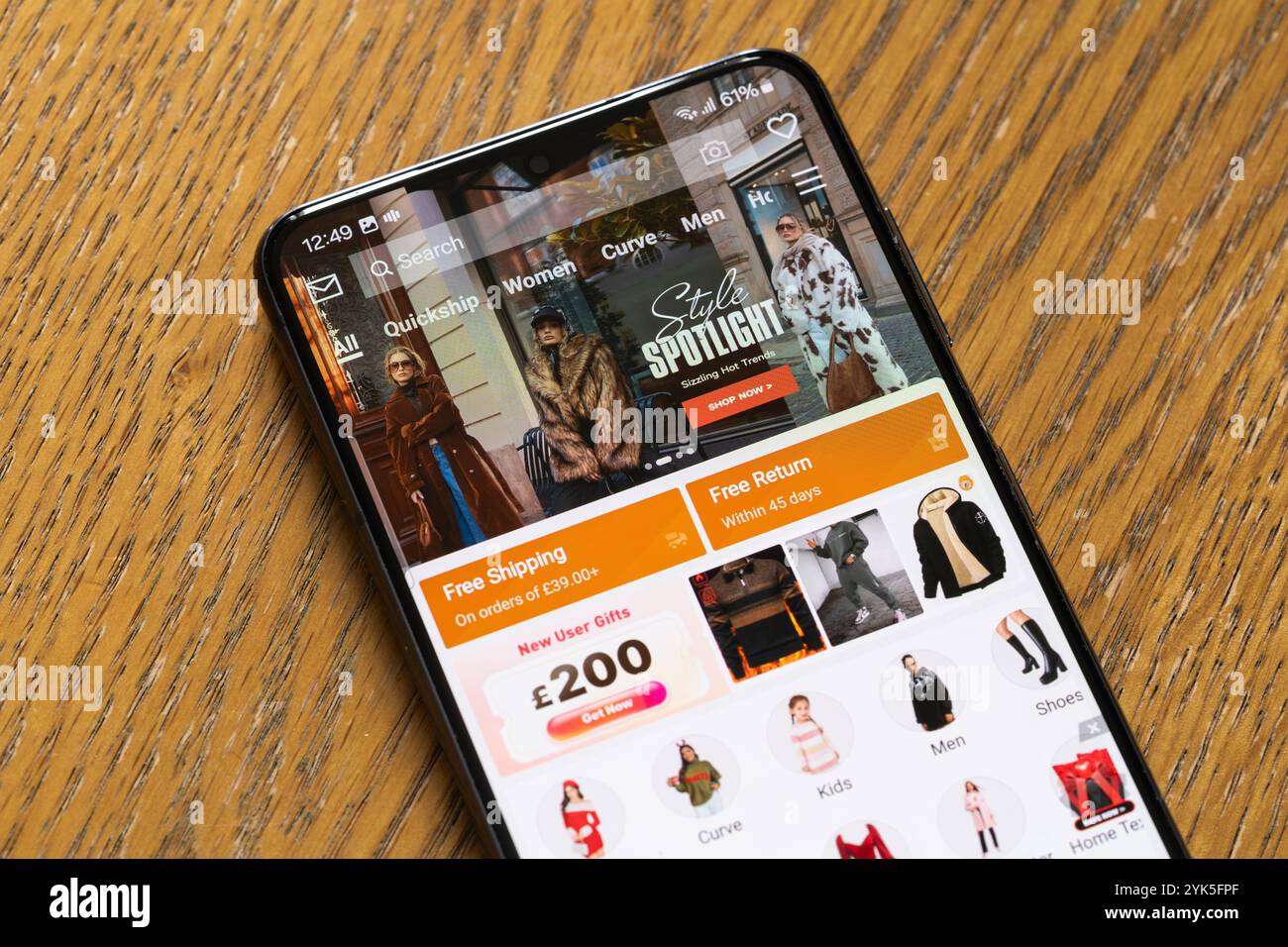 Shein online shopping home screen on a smartphone, UK. Shein is a ...