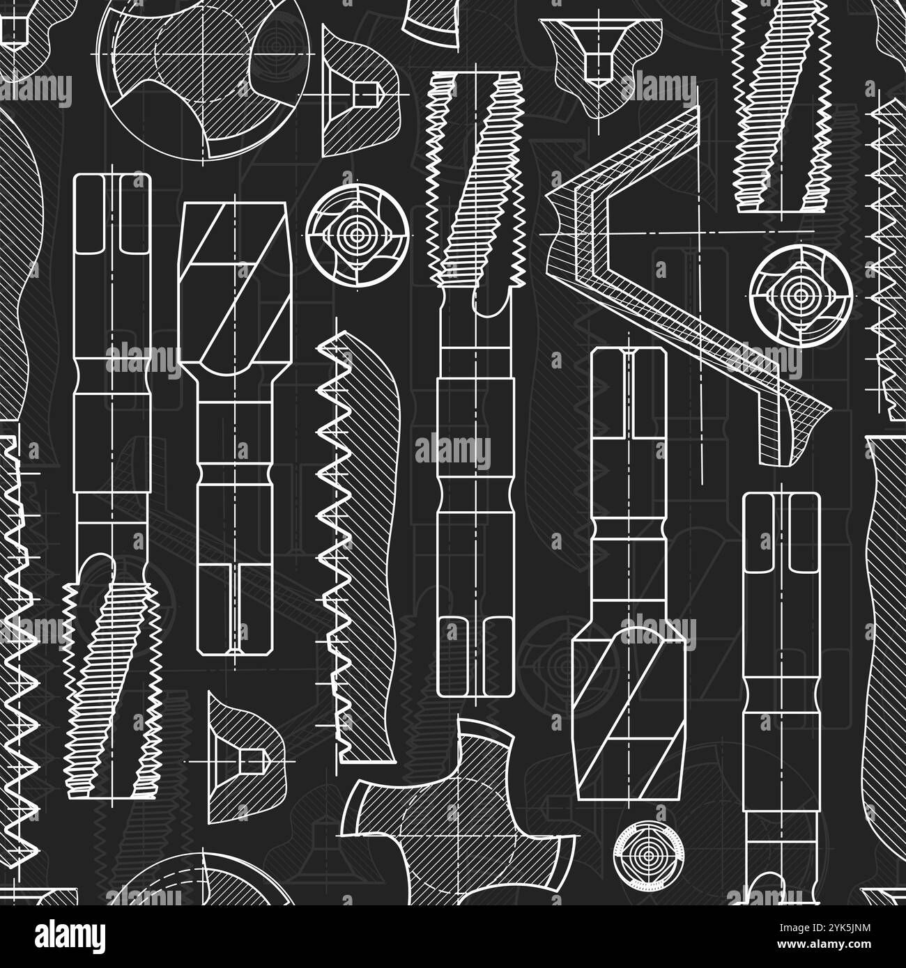 Mechanical engineering drawings on black background. Tap tools, borer ...