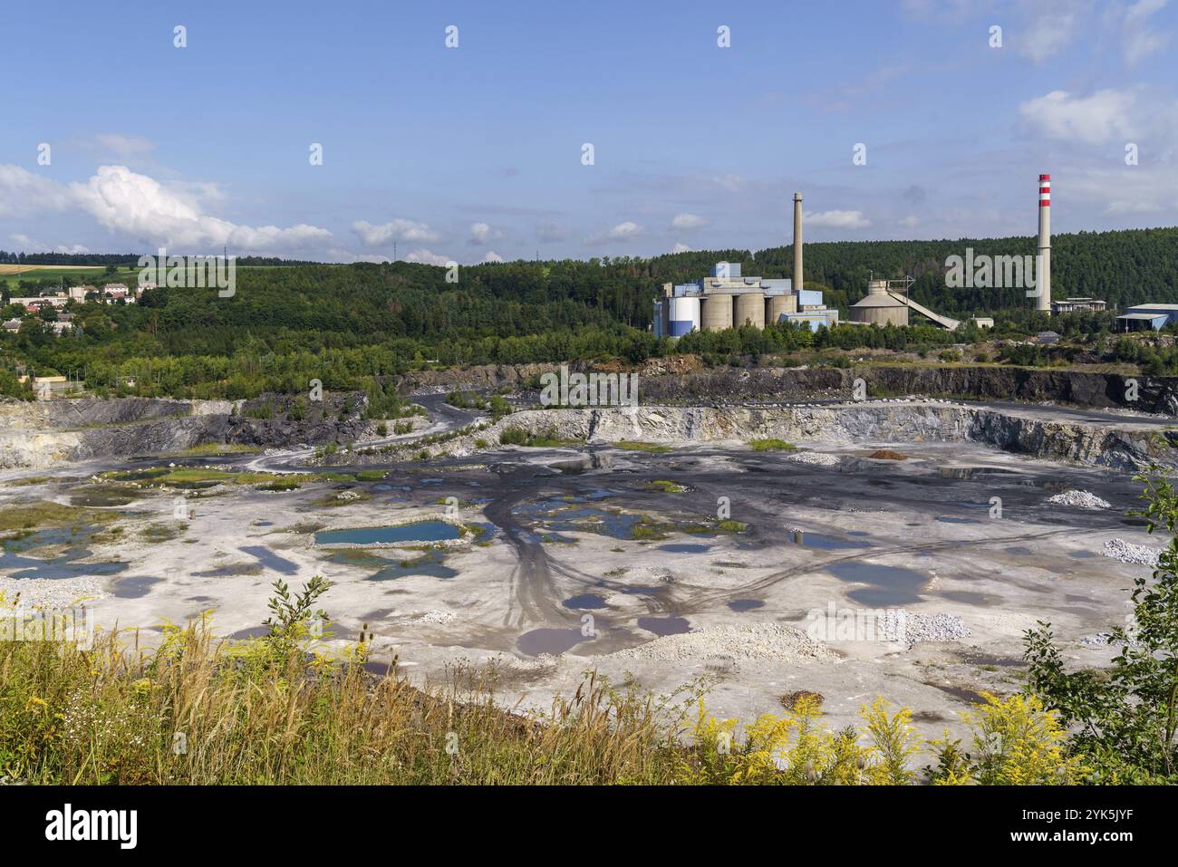 Opencast mining quarry with machinery and mining equipment. Limestone mining for cement ...