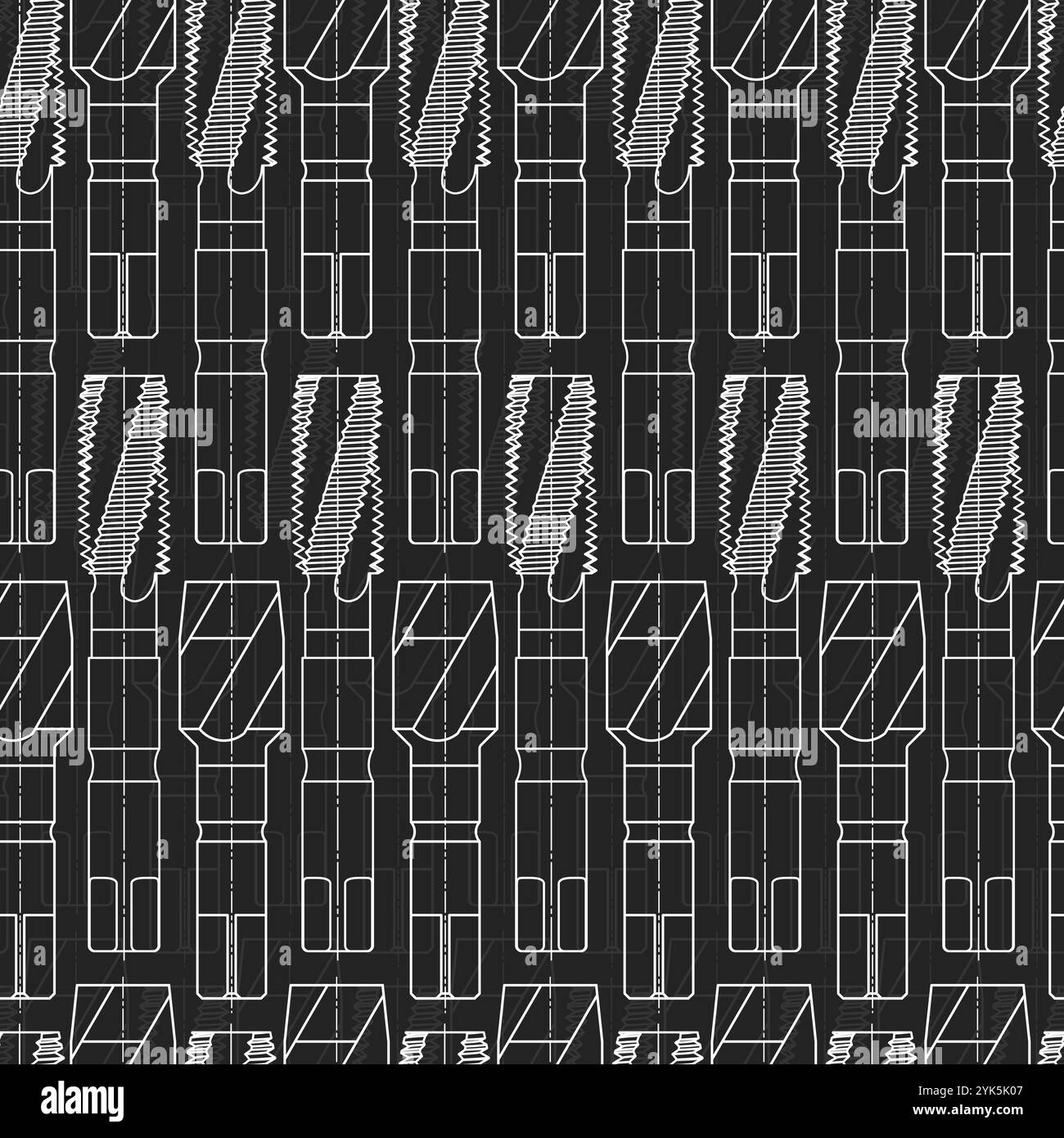Mechanical engineering drawings on black background. Tap tools, borer ...