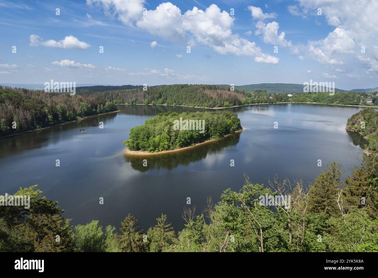 Lake and island with trees. Water reservoir Sec, Czech Republic, Europe ...