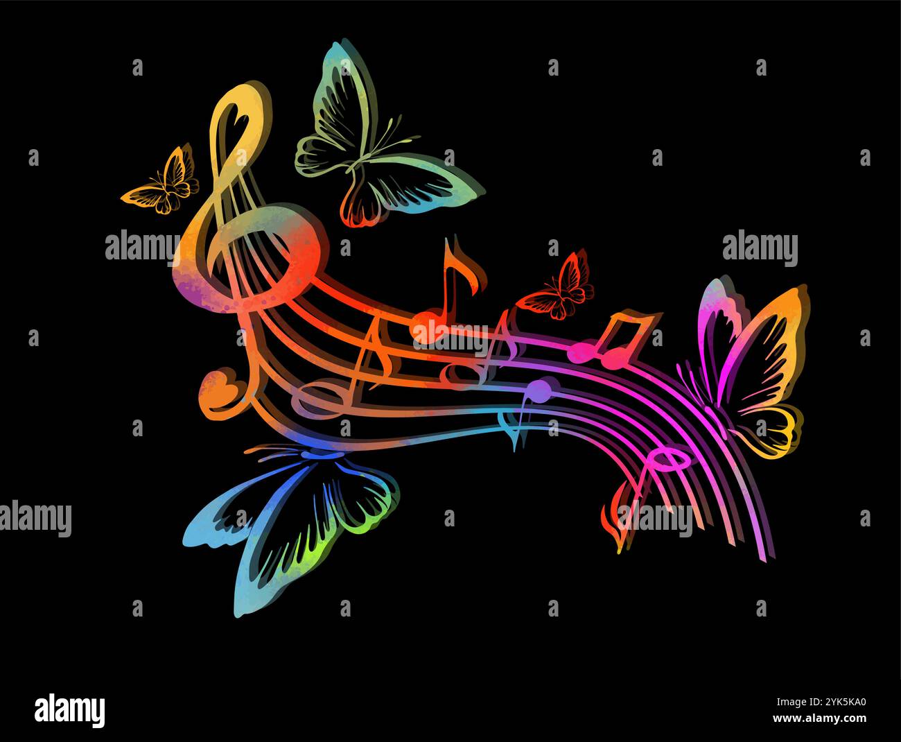 Music colored notes on wavy lines with butterflies, musical pattern ...