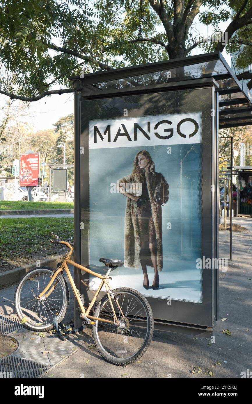 Mango advertsing billboard in urban area Milano, Italy, November 2024 ...