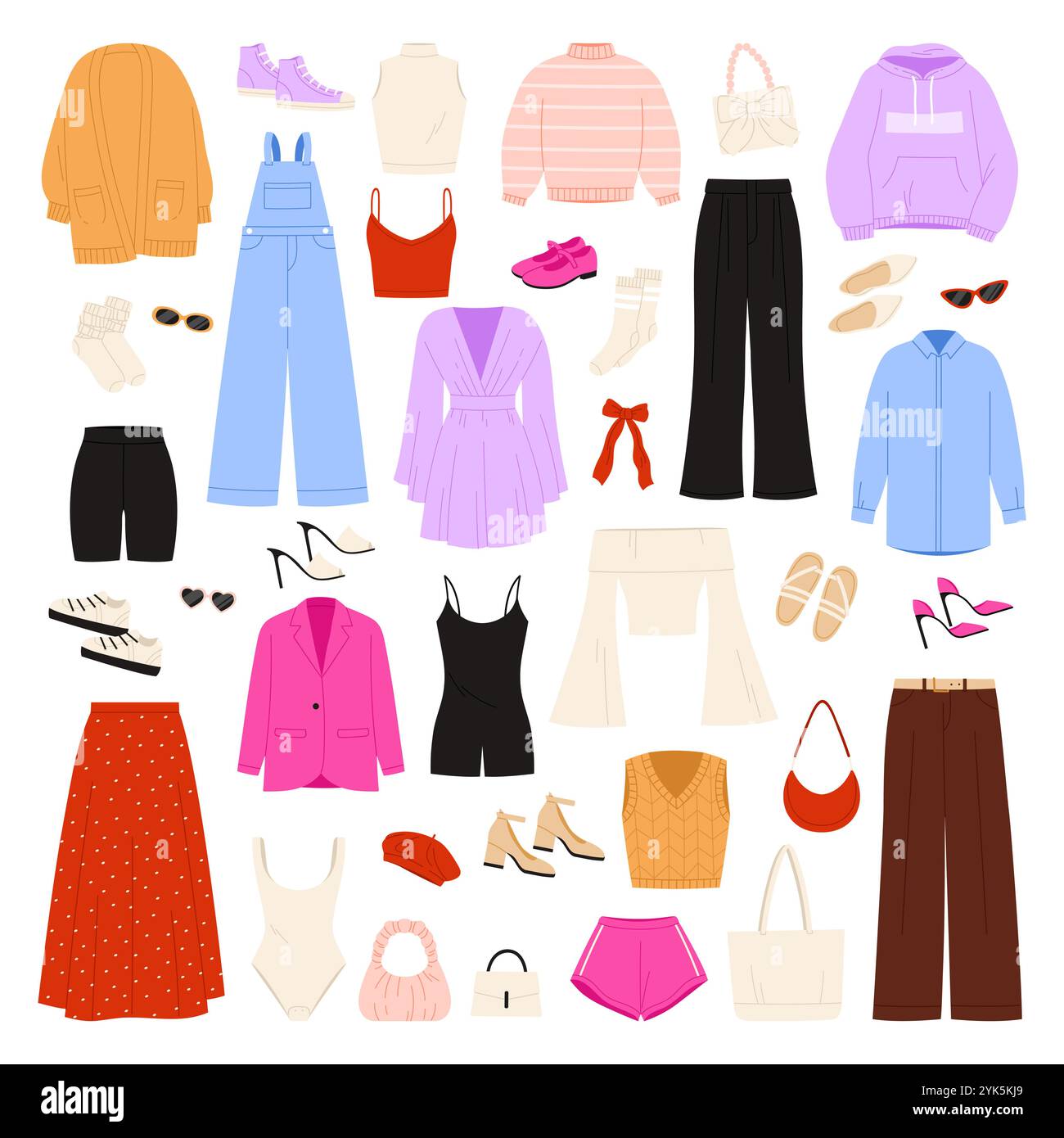 Fashion women clothes set. Female garment in wardrobe, footwear and ...