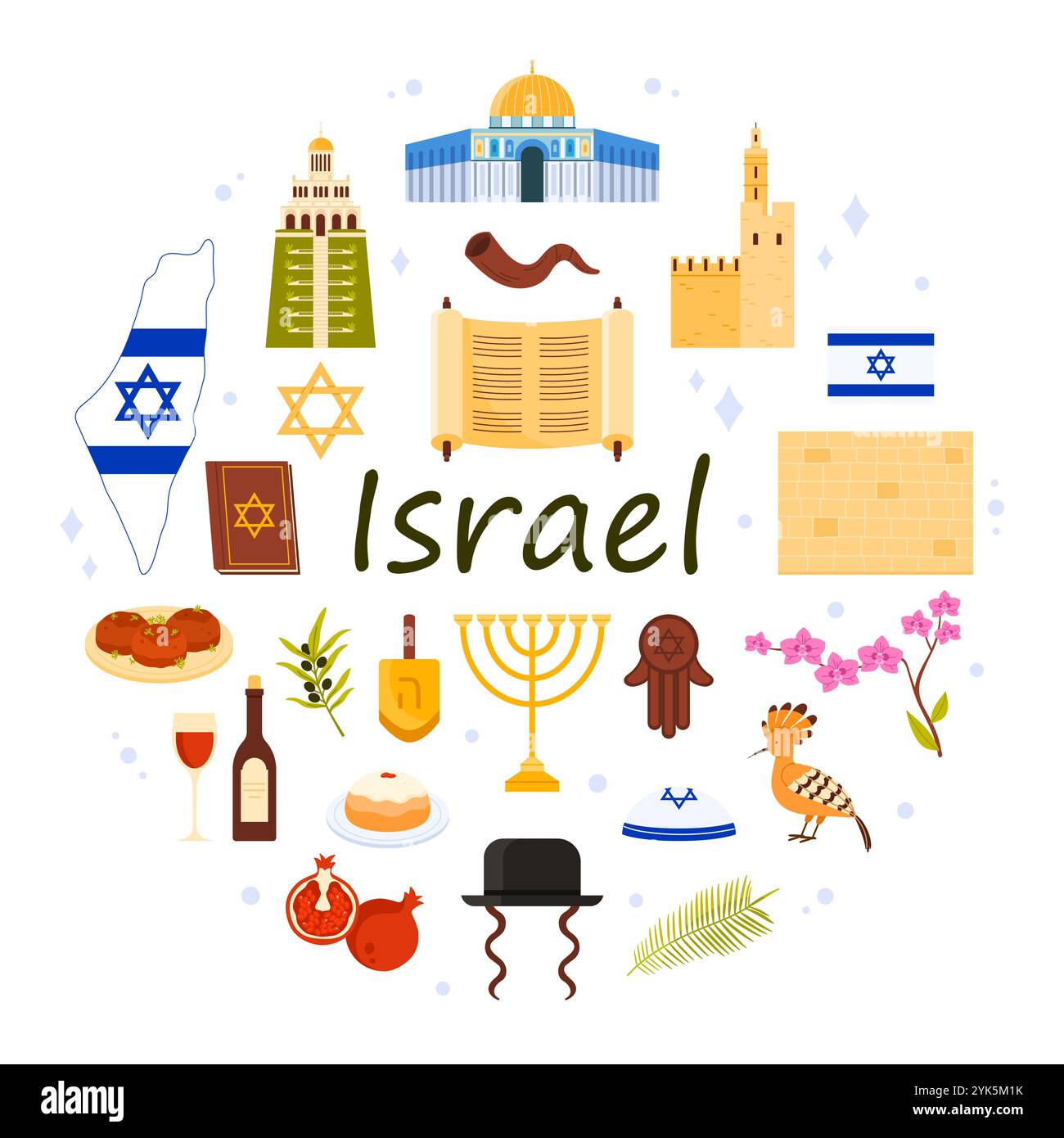 Jewish culture elements and famous landmarks, flag and map of Israel ...