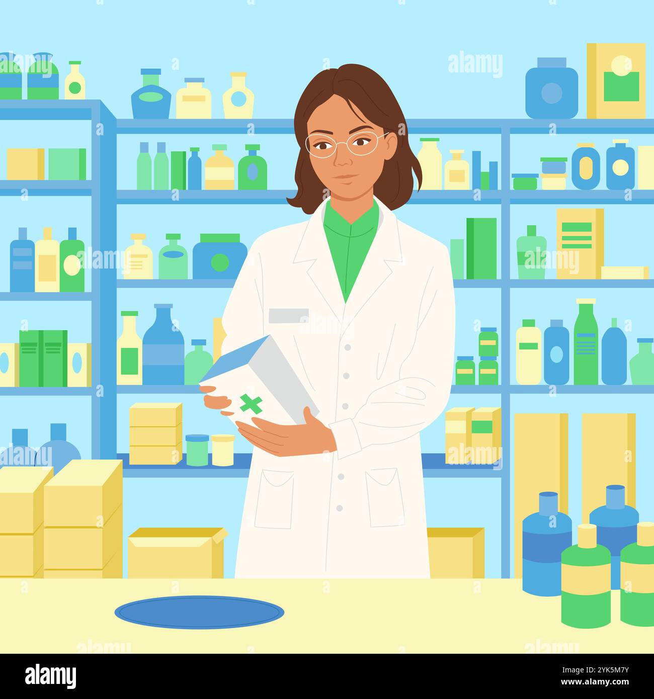 Pharmacy interior with pharmacist at counter, medication and pills ...