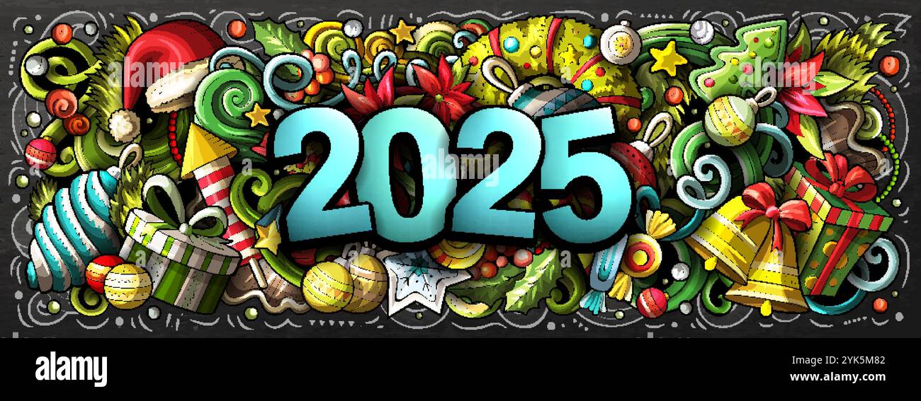 2025 doodles horizontal illustration. New Year objects and elements ...