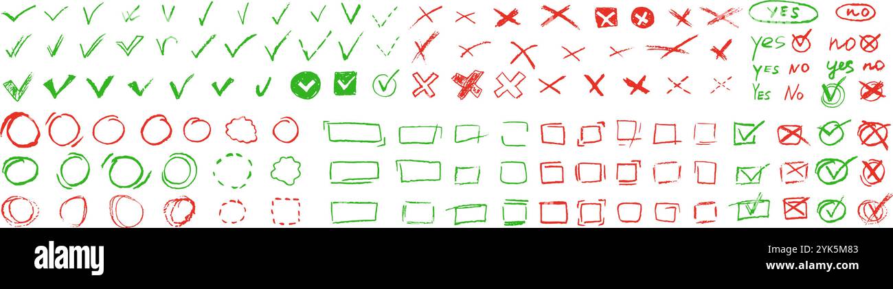 Check marks doodle set. Voting elements. Yes or no signs and square ...