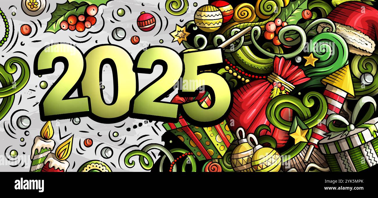 2025 doodles horizontal illustration. New Year objects and elements ...