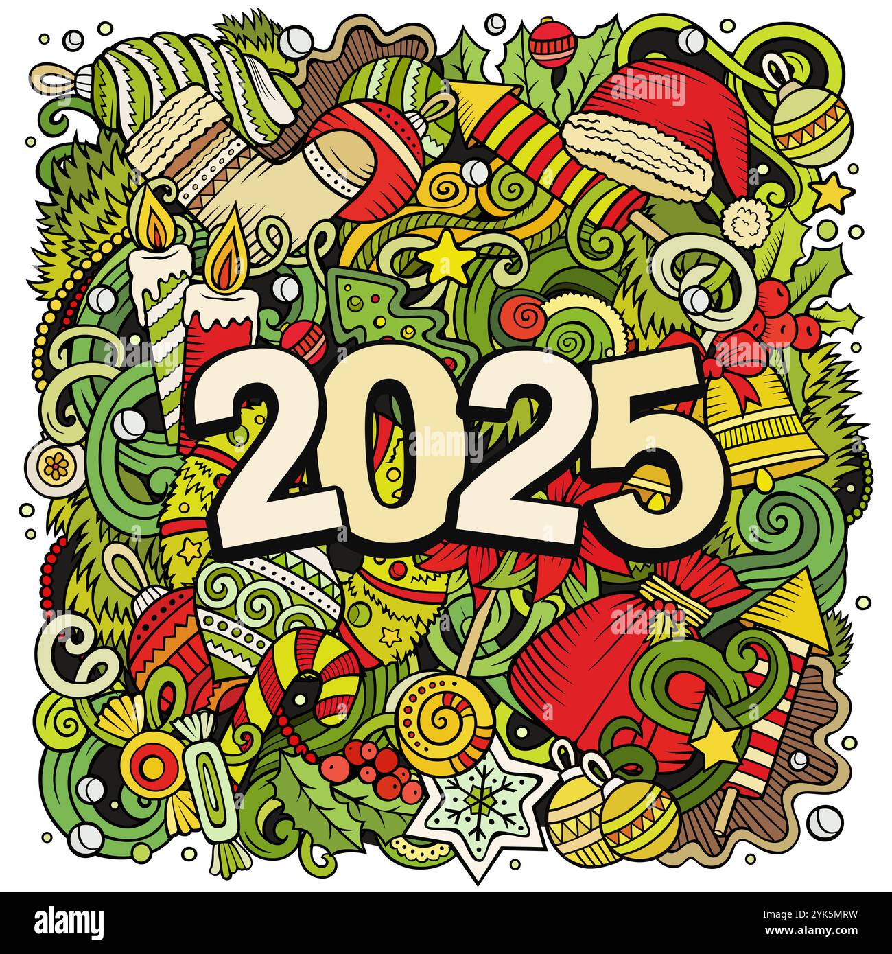 2025 doodles illustration. New Year objects and elements design ...