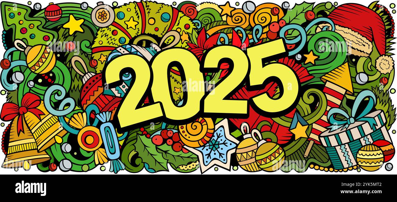 2025 doodles horizontal illustration. New Year objects and elements ...