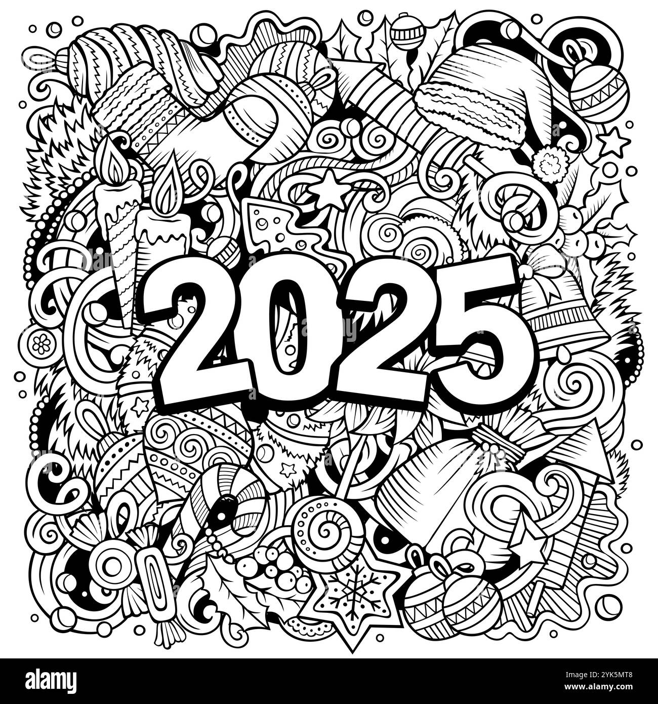 2025 doodles illustration. New Year objects and elements design ...