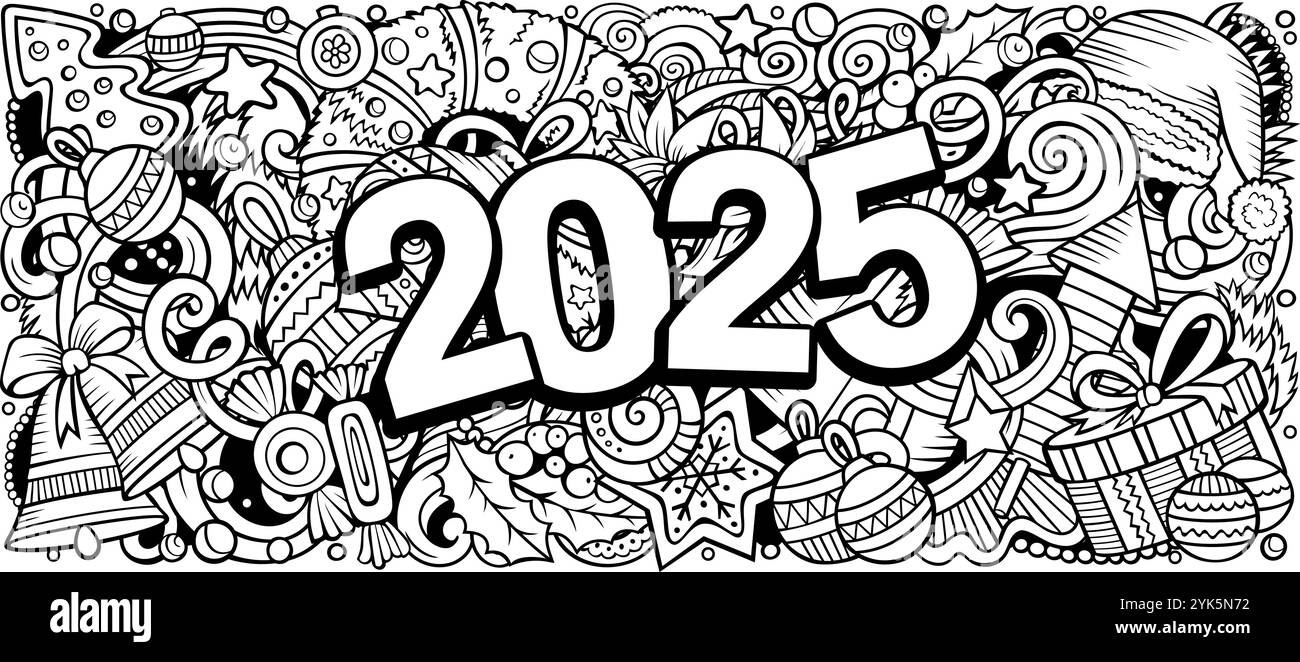 2025 doodles horizontal illustration. New Year objects and elements ...