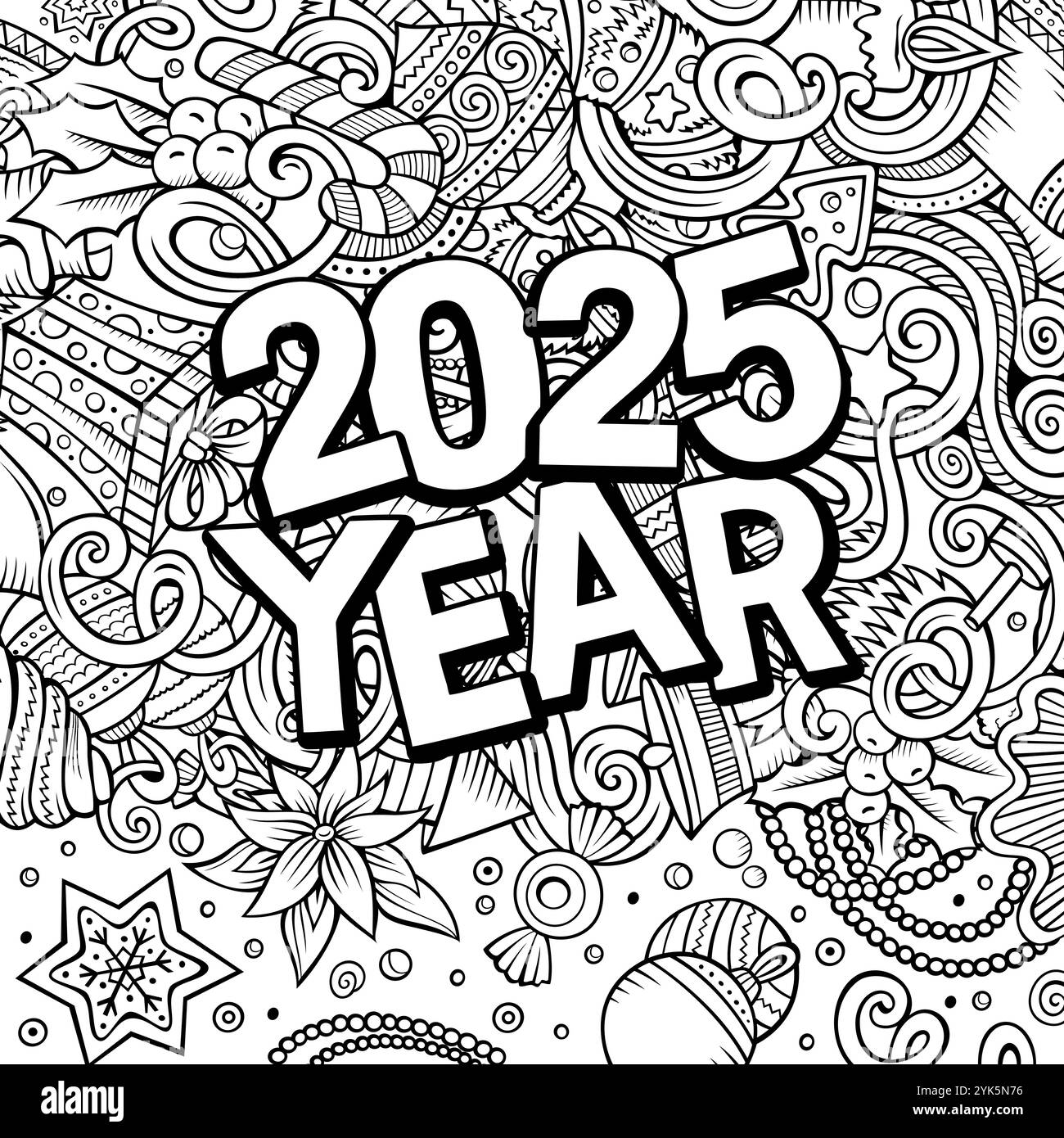 2025 doodles illustration. New Year objects and elements design ...