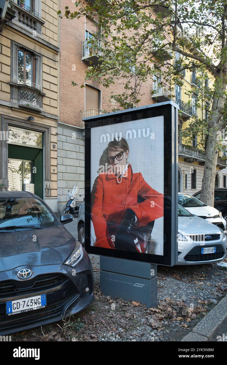 Miu Miu advertsing billboard in urban area Milano, Italy, November 2024 ...
