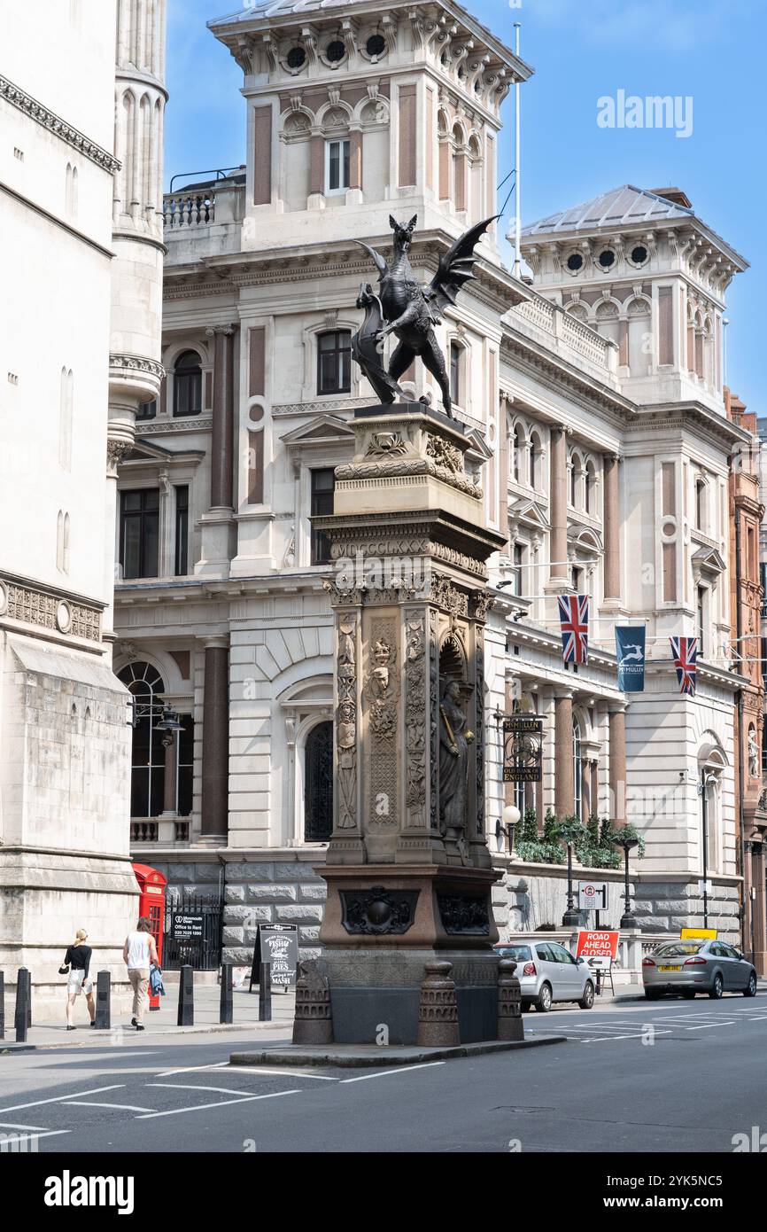 The Temple Bar Memorial, a historic landmark topped by a dragon symbol ...