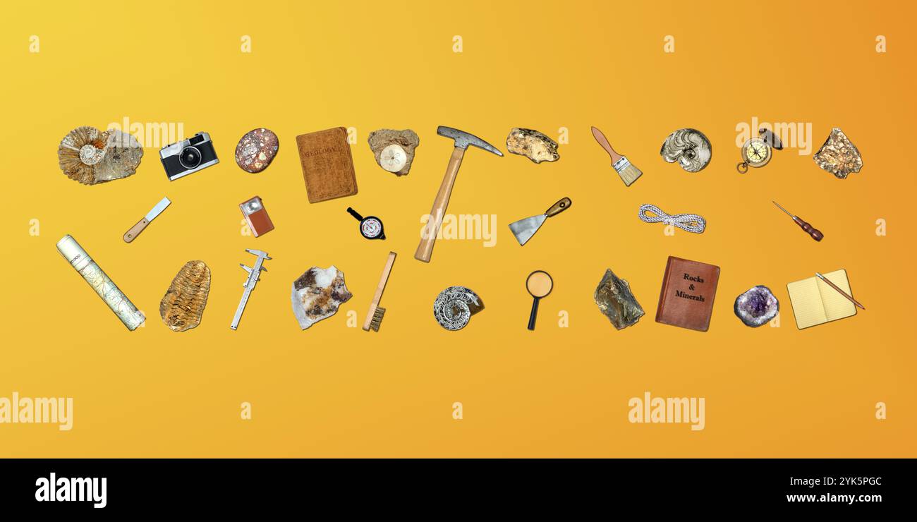 Topview of Set Fieldwork Geology Tools on Yellow Background Stock Photo ...