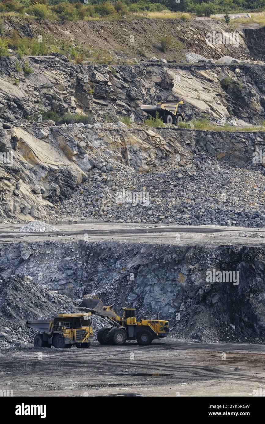 Loading stone with a wheel loader on a dump truck. Stone mining in the ...