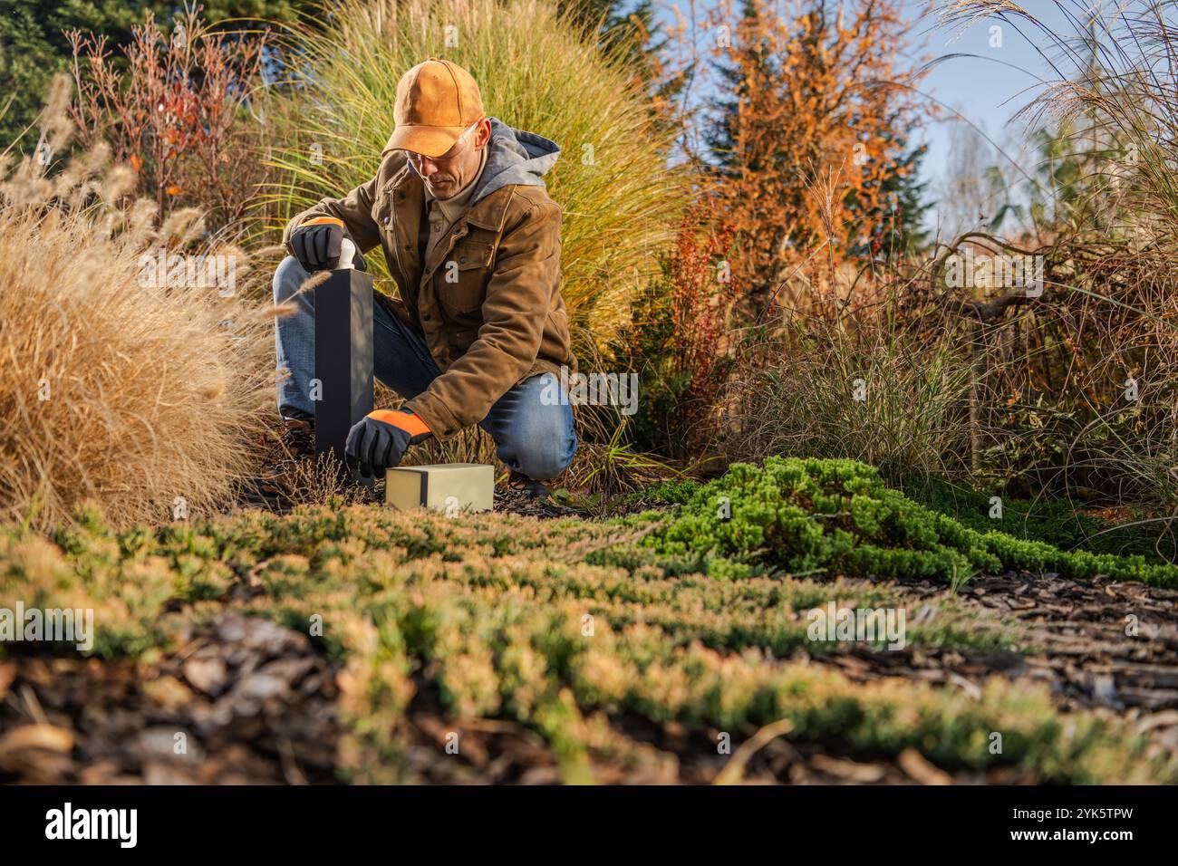 A gardener carefully cultivates a bed of low-maintenance greenery while ...