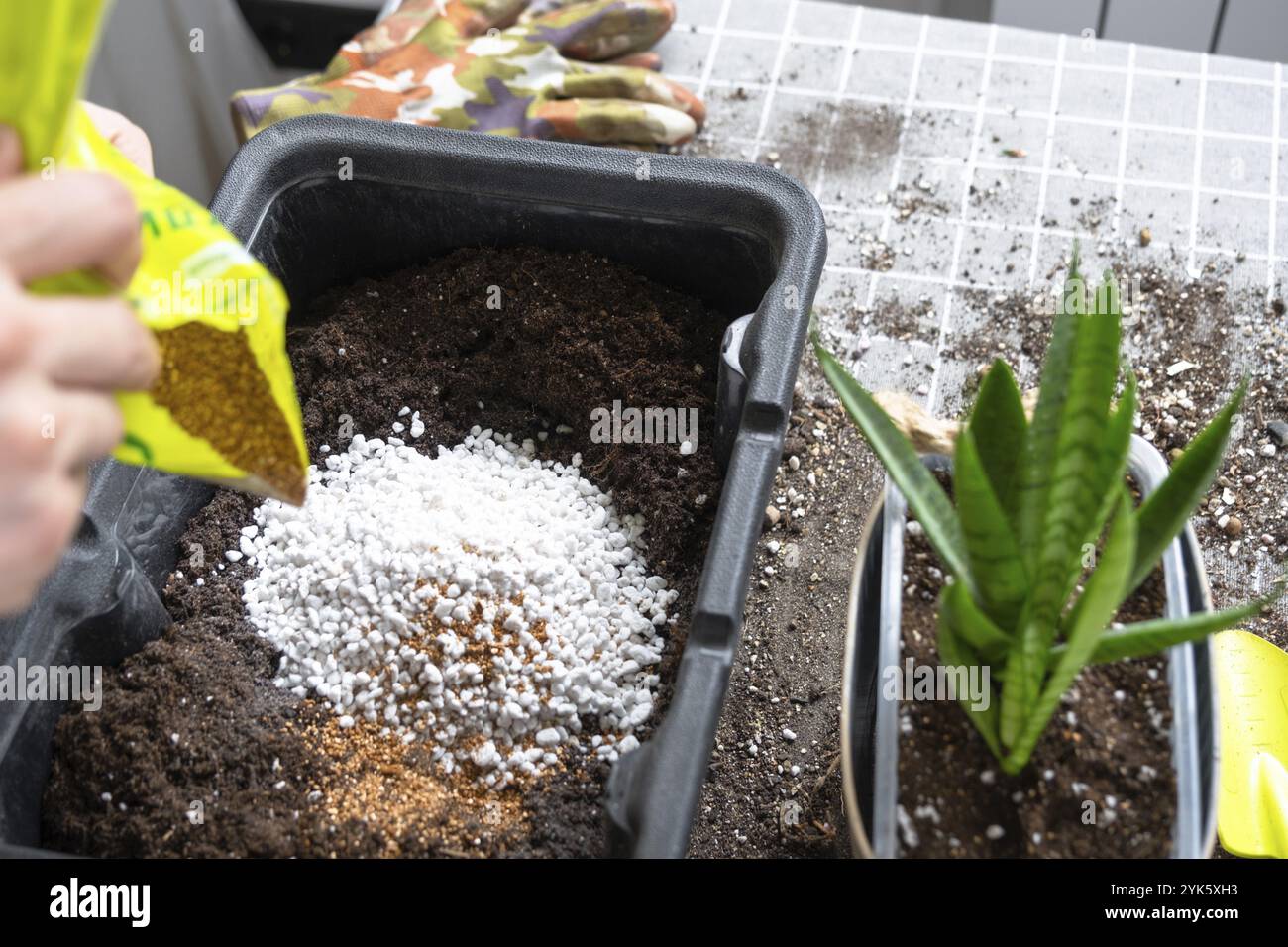 Ingredients for the soil of home potted plants, peat, earth, sand ...