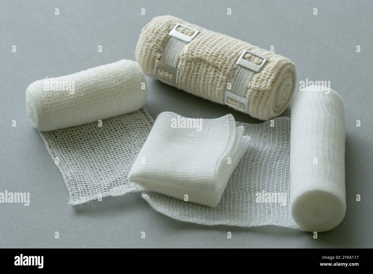 Medical bandages on gray background. Medical equipment Stock Photo - Alamy