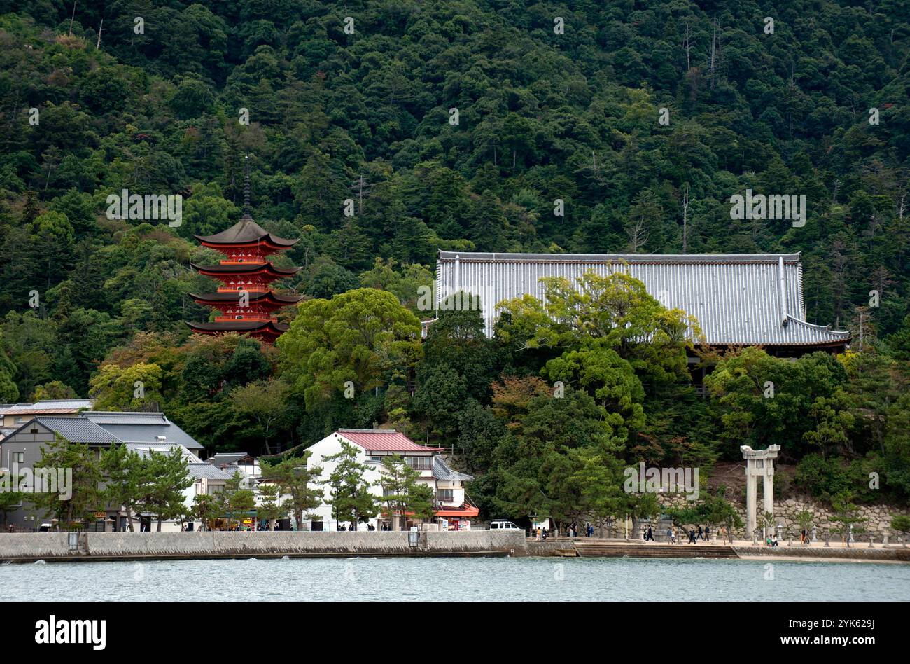 Panorama view of Itsukushima Jinja Shinto shrine 5-story pagoda and ...