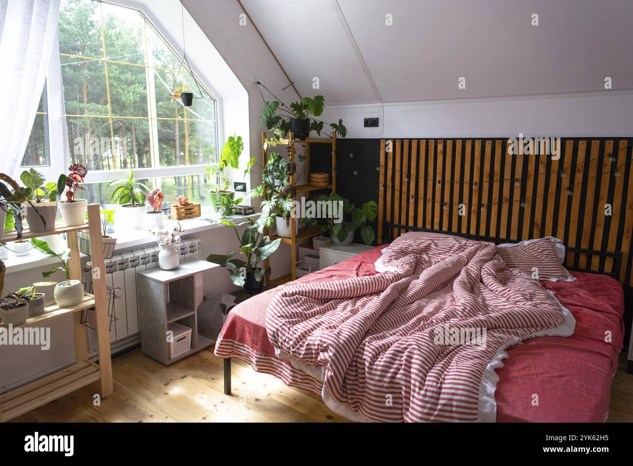 Unmade bed with red striped linen and a mess in Loft style bedroom ...