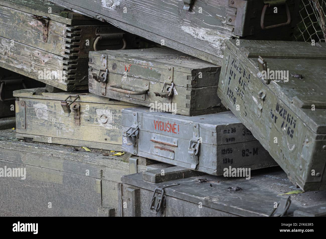 A stack of old wooden military green boxes with ammunition Stock Photo - Alamy