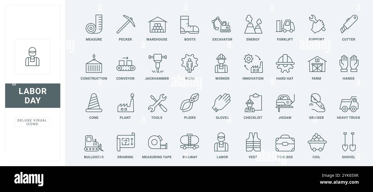 Tools of builders toolbox, workwear thin black outline symbols vector ...