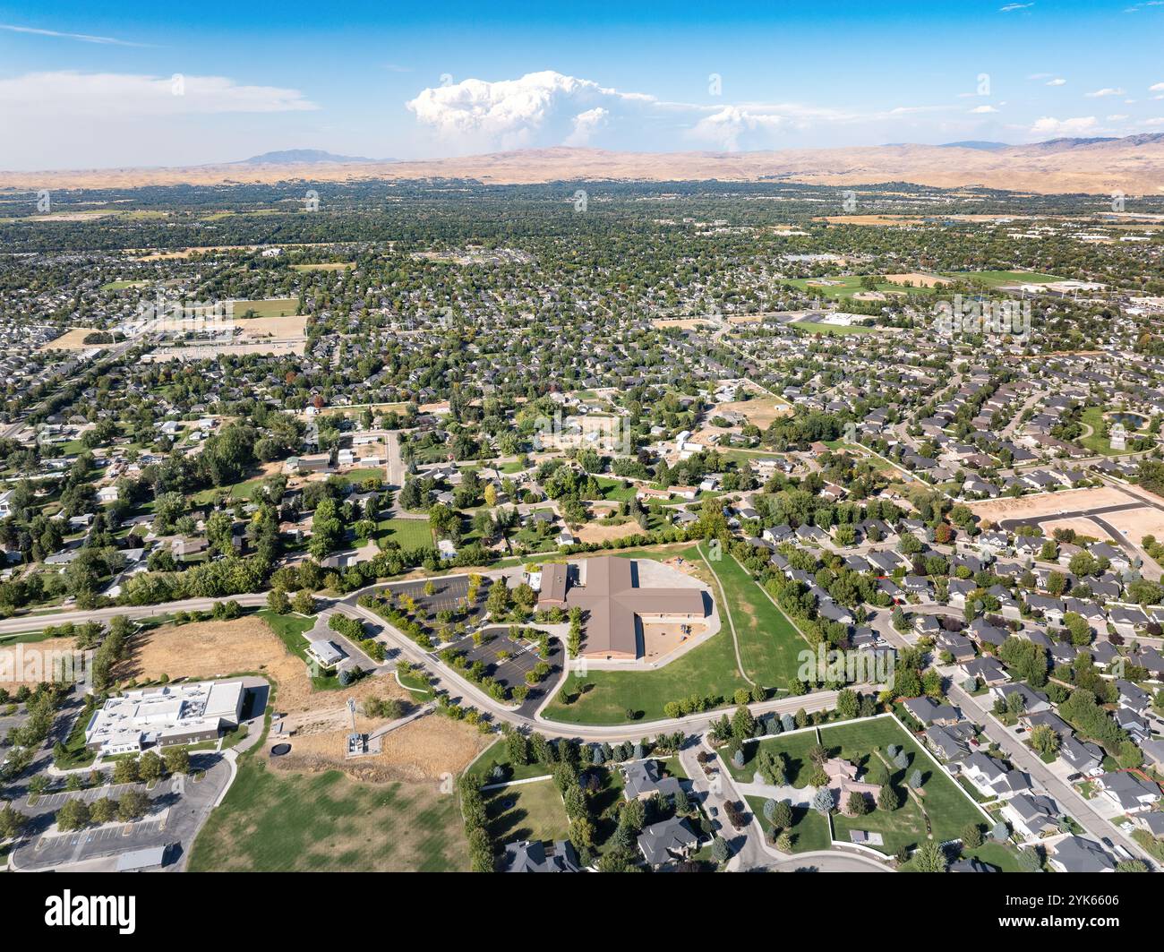 School and home aerial view with distant fire smoke Stock Photo - Alamy